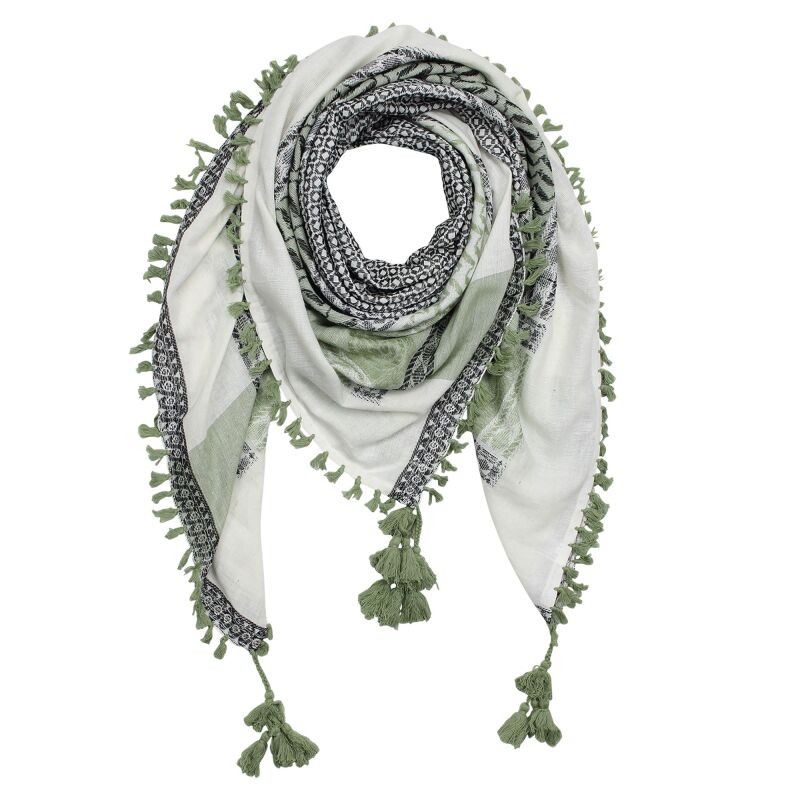 Stylishly detailed scarf with Kufiya style - Pattern 1 - nature - gre ...
